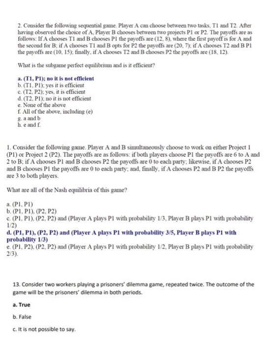 Solved 2. Consider the following sequential game. Player A | Chegg.com
