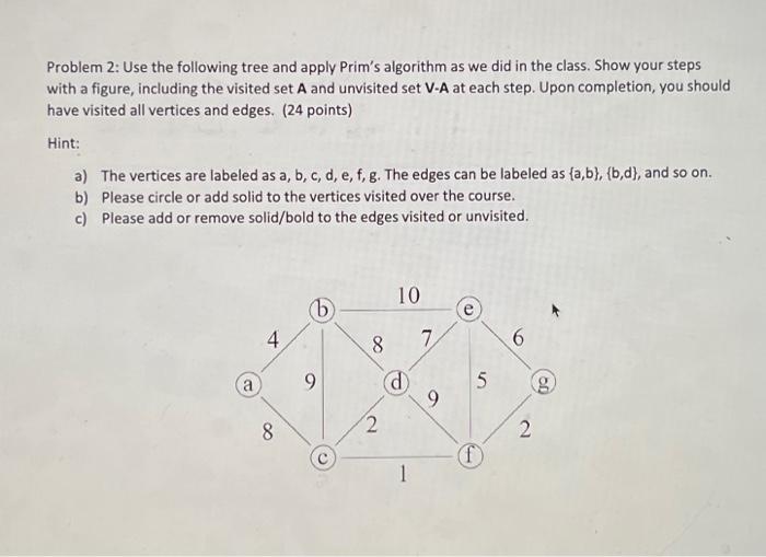 Solved Problem 2: Use the following tree and apply Prim's | Chegg.com