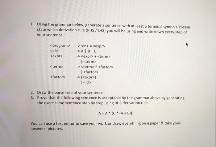 Solved 1. Using the grammar below, generate a sentence with | Chegg.com