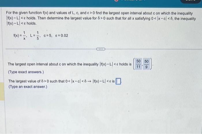 Solved For the given function f(x) and values of L,c, and | Chegg.com
