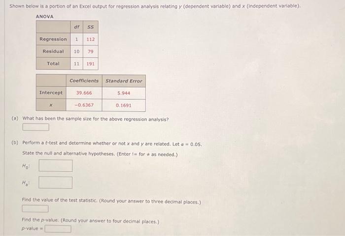 Solved Shown below is a portion of an Excel output for | Chegg.com