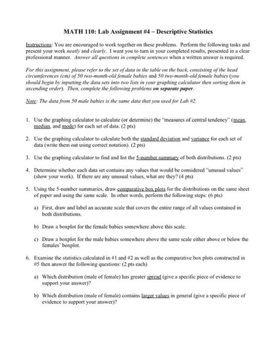 Solved MATH 110: Lab Assignment #4 - Descriptive Statistics | Chegg.com