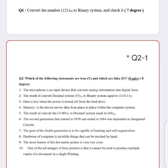 Solved Q1 / Convert the number (121)10 to Binary system, and | Chegg.com