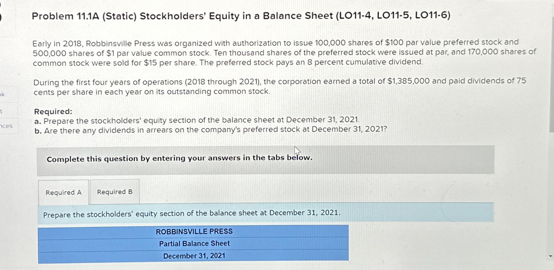 Solved Problem 11.1A (Static) ﻿Stockholders' Equity in a | Chegg.com