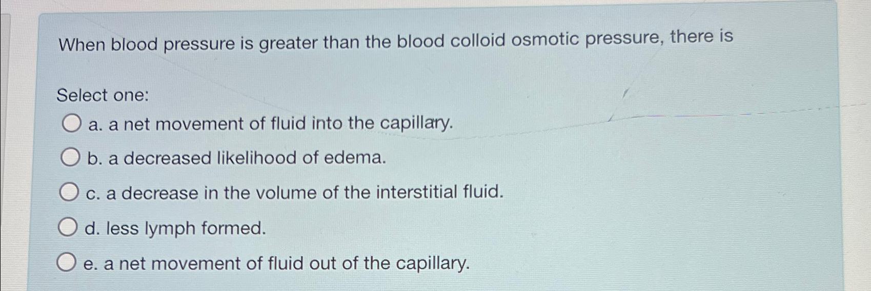 Solved When blood pressure is greater than the blood colloid | Chegg.com