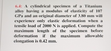 Solved 6.4: A cylindrical specimen of a Titanium alloy | Chegg.com