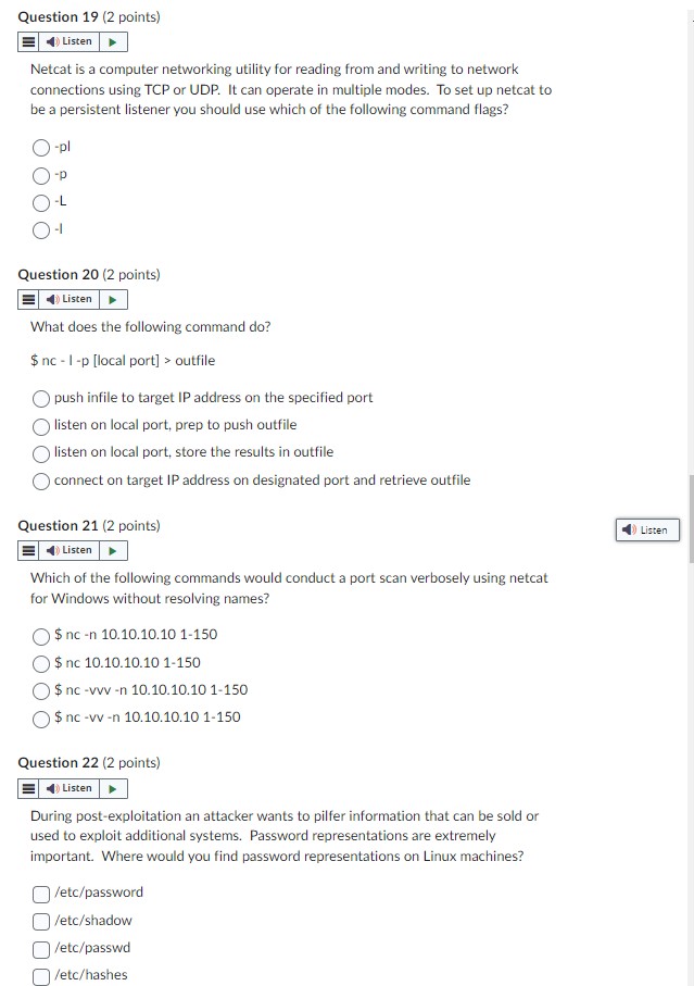 Solved Question 19 (2 ﻿points)！Netcat is a computer | Chegg.com