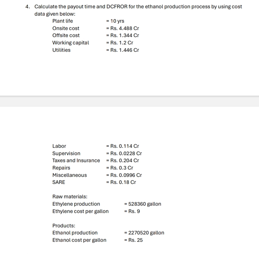 Solved Calculate the payout time and DCFROR for the ethanol | Chegg.com