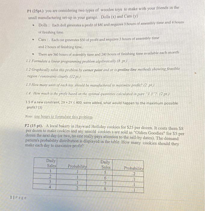 Solved P1 (25pt.) you are considering two types of wooden | Chegg.com