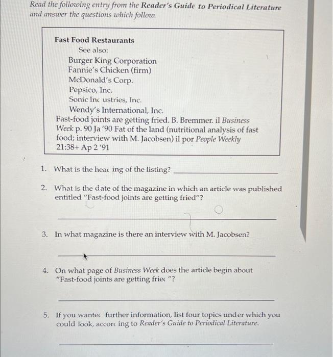 Read the following entry from the Reader's Guide to | Chegg.com