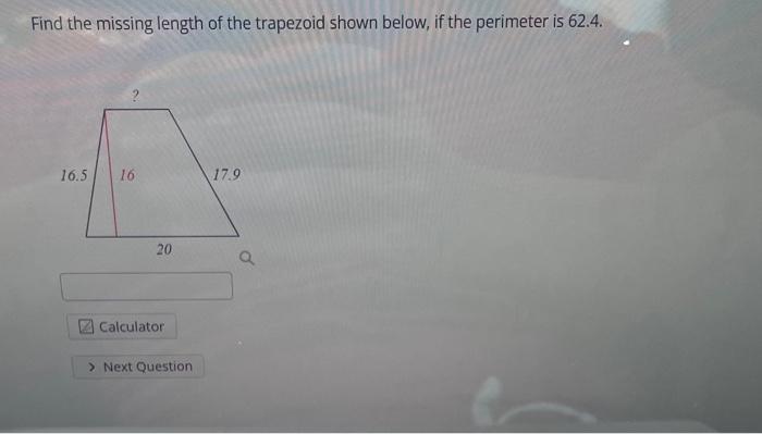 Solved Find the missing length of the trapezoid shown below, | Chegg.com