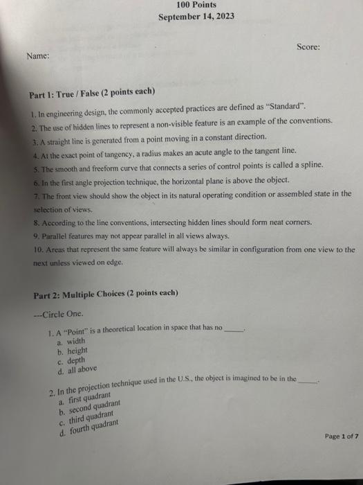 Solved Part 1 True False 2 Points Each 1 In