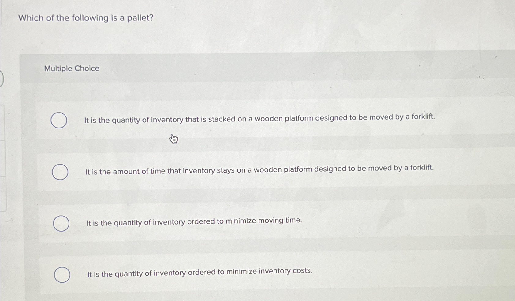Solved Which of the following is a pallet?Multiple ChoiceIt | Chegg.com