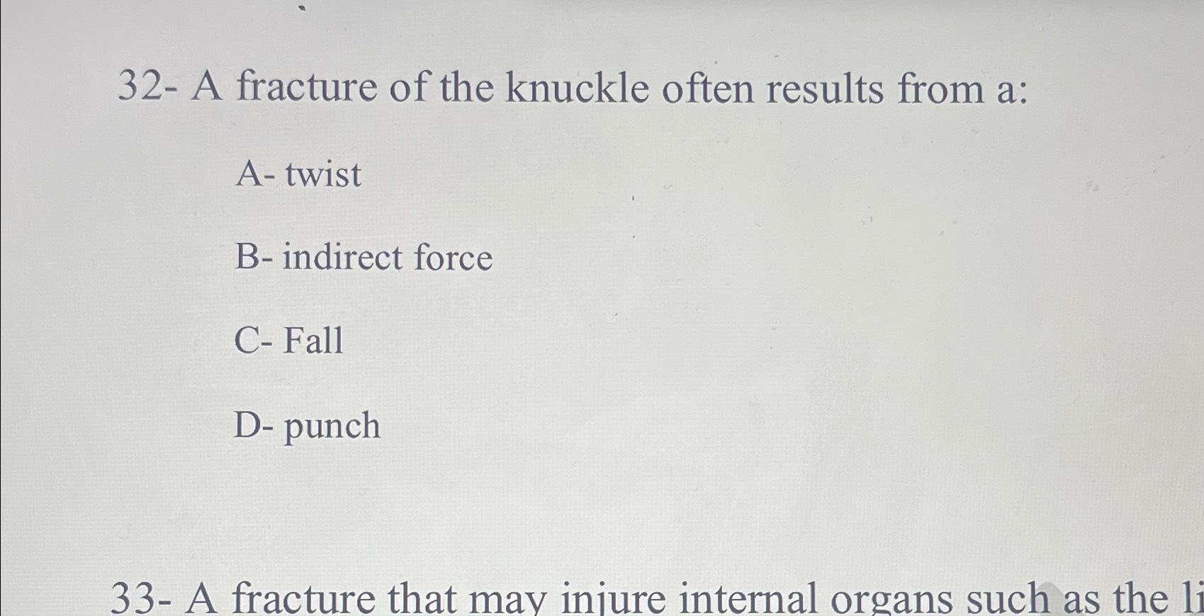 Solved 32- ﻿A fracture of the knuckle often results from | Chegg.com