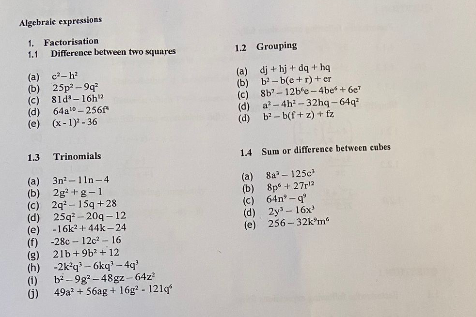 Solved Algebraic expressionsFactorisation1.1 ﻿Difference | Chegg.com