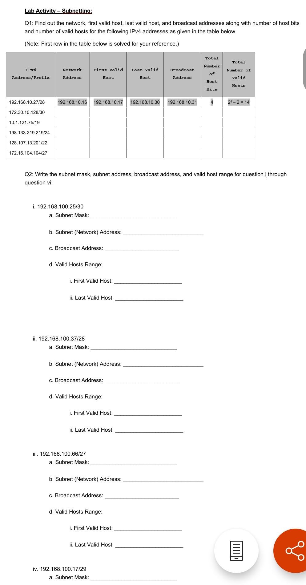 Solved Lab Activity Subnetting Q1 Find Out The Network