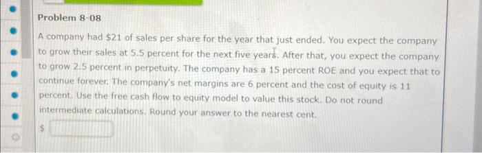 Solved Problem 8-08 A company had $21 of sales per share for | Chegg.com