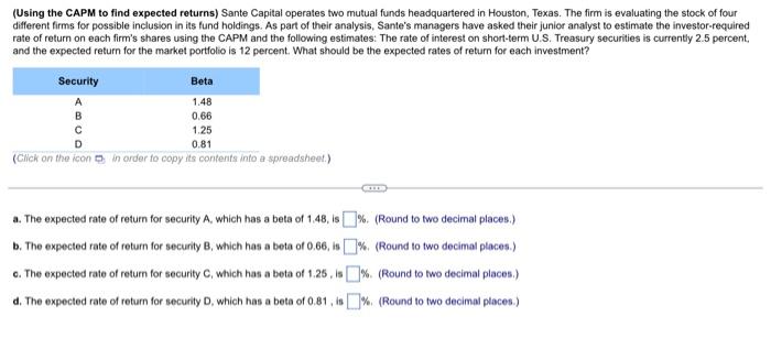 Solved (Using the CAPM to find expected returns) Sante | Chegg.com