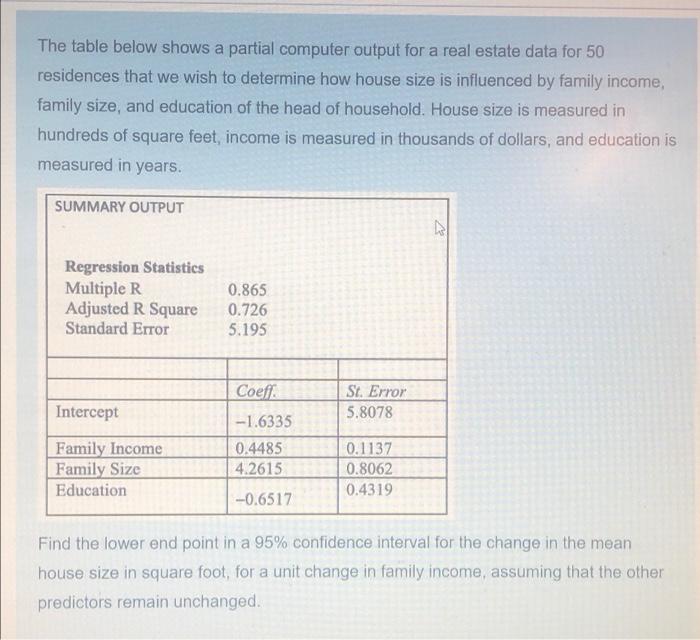 Solved a The table below shows a partial computer output for | Chegg.com