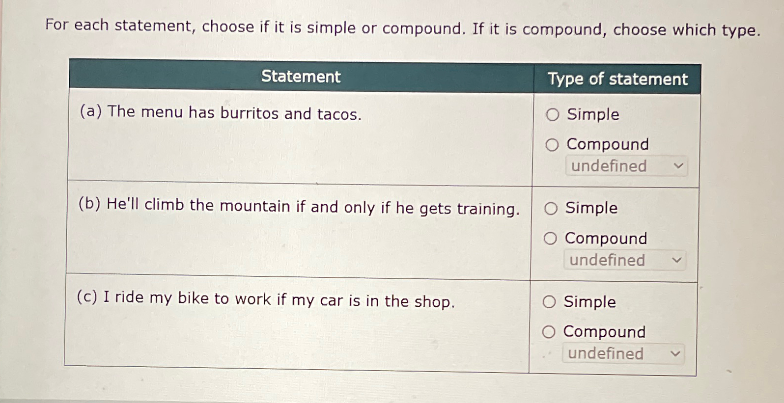 Solved For each statement, choose if it is simple or | Chegg.com