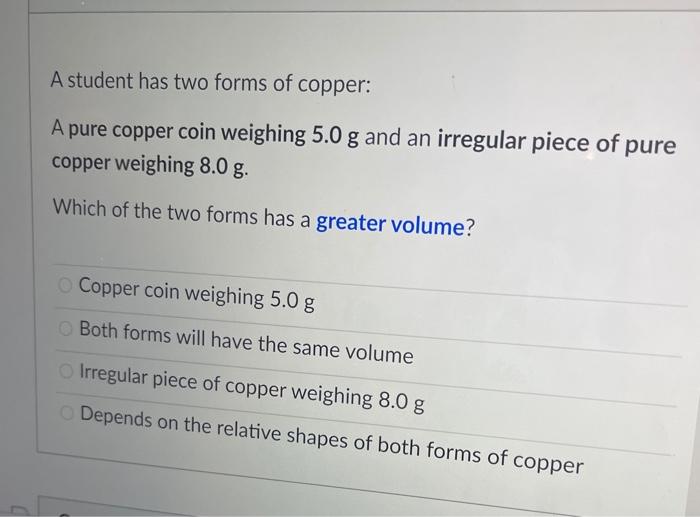 Solved A student has two forms of copper: A pure copper coin | Chegg.com