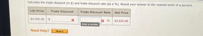 Solved Calculate the trade discount (in $) and trade | Chegg.com