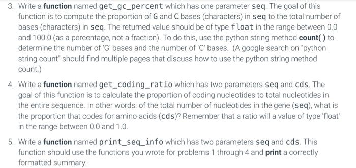 Solved 3. Write a function named get_gc_percent which has | Chegg.com