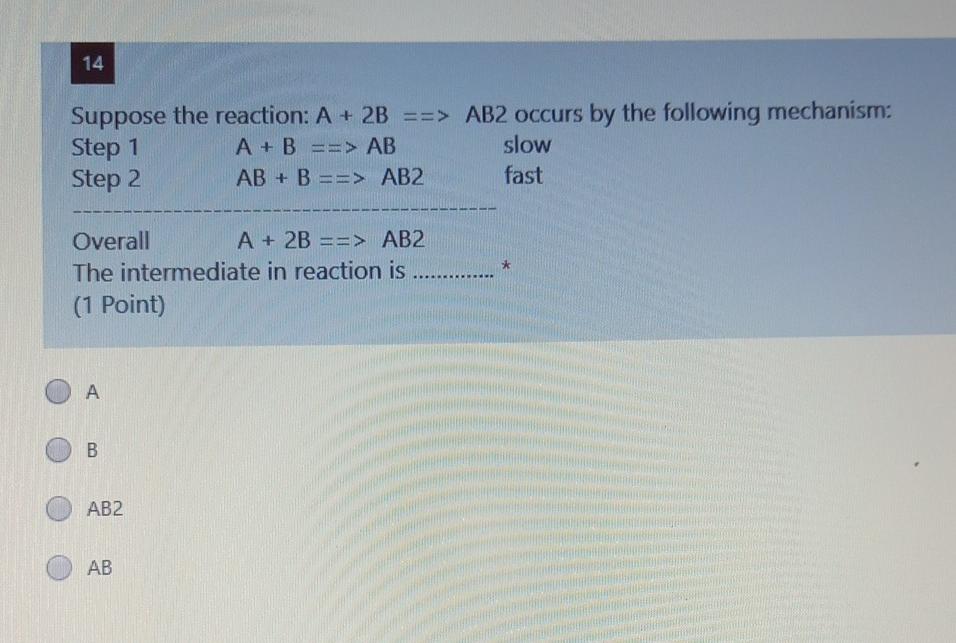Solved 14 Suppose the reaction: A + 2B ==> AB2 occurs by the | Chegg.com