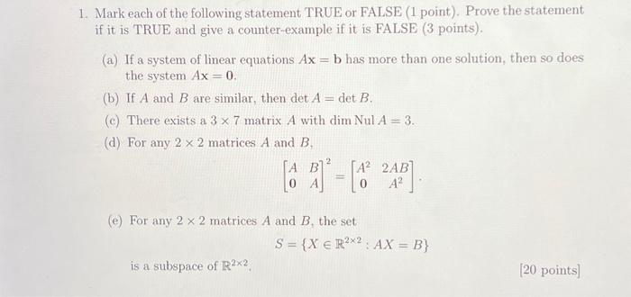 Solved 1. Mark each of the following statement TRUE or FALSE | Chegg.com