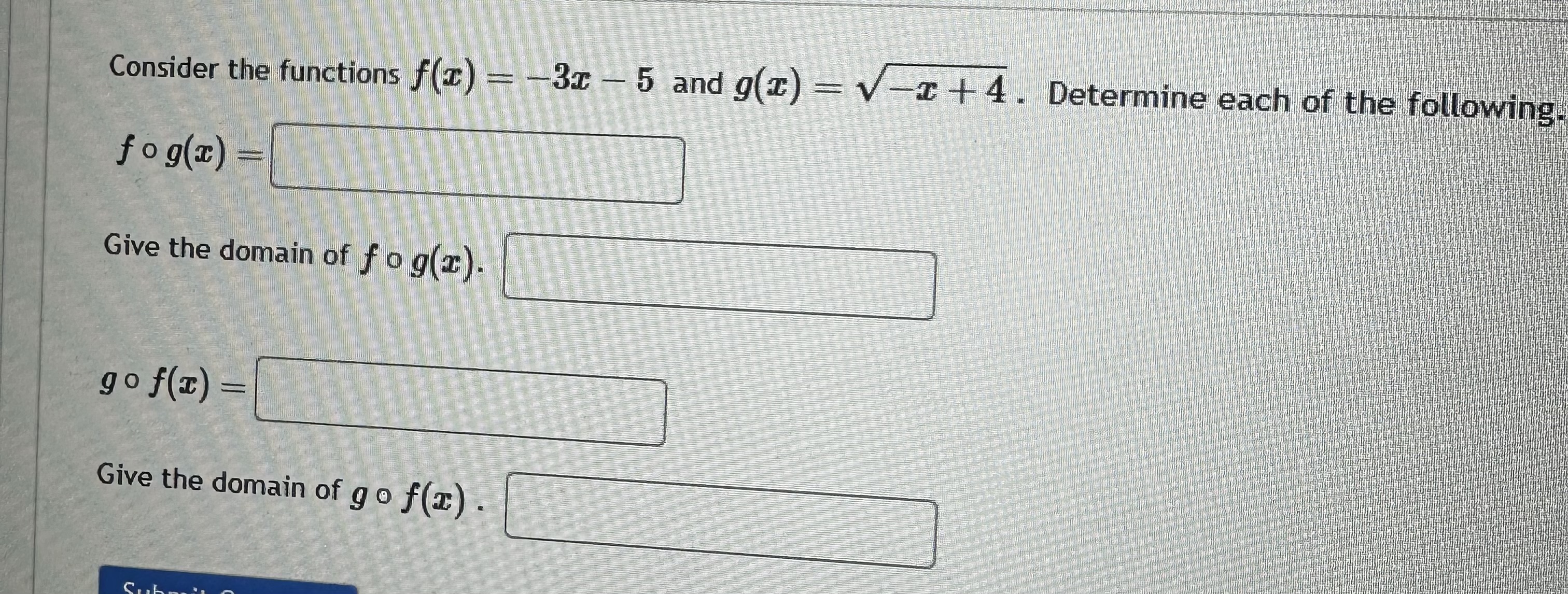 Solved Consider the functions f(x)=-3x-5 ﻿and g(x)=-x+42. | Chegg.com