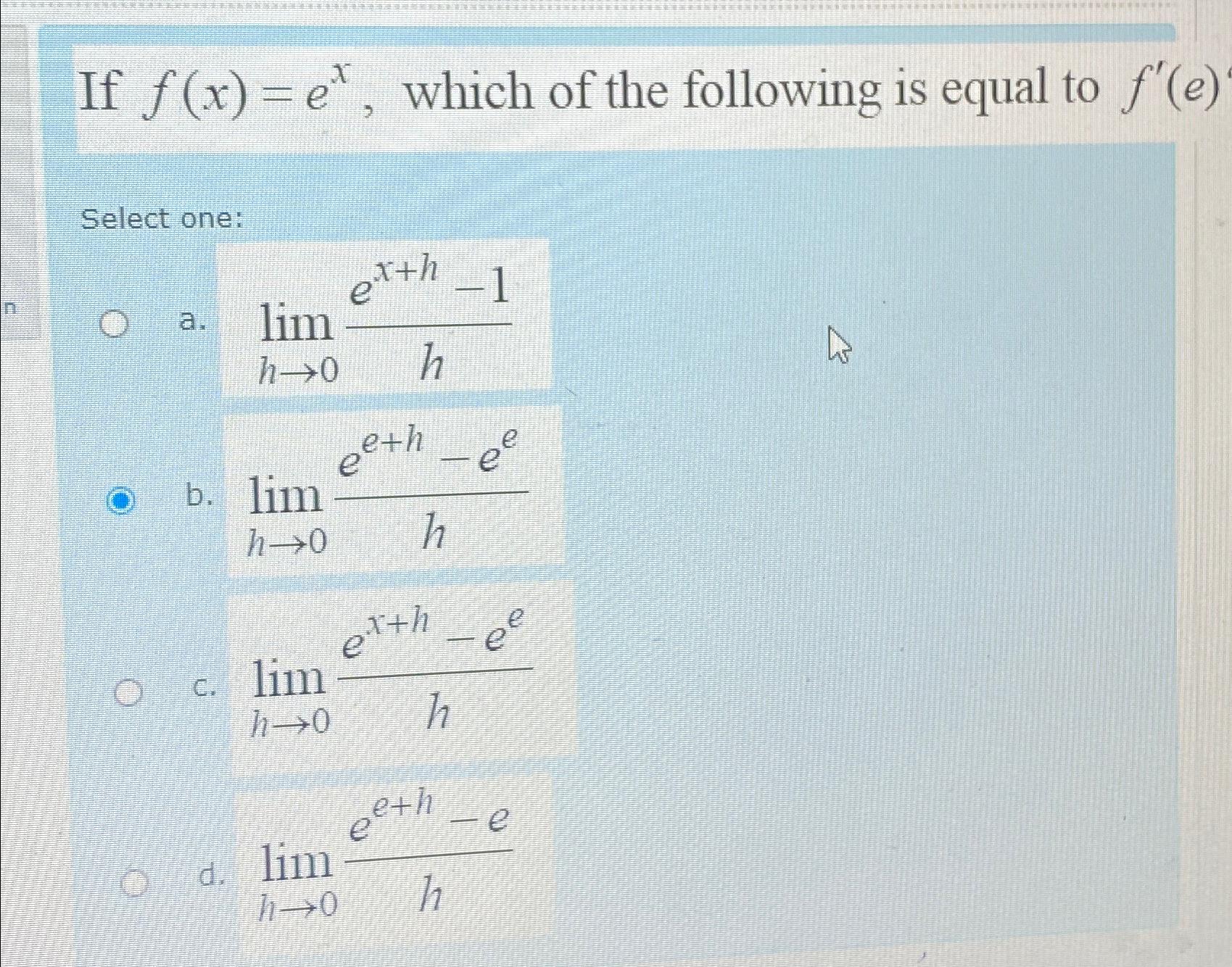 Solved If f(x)=ex, ﻿which of the following is equal to | Chegg.com
