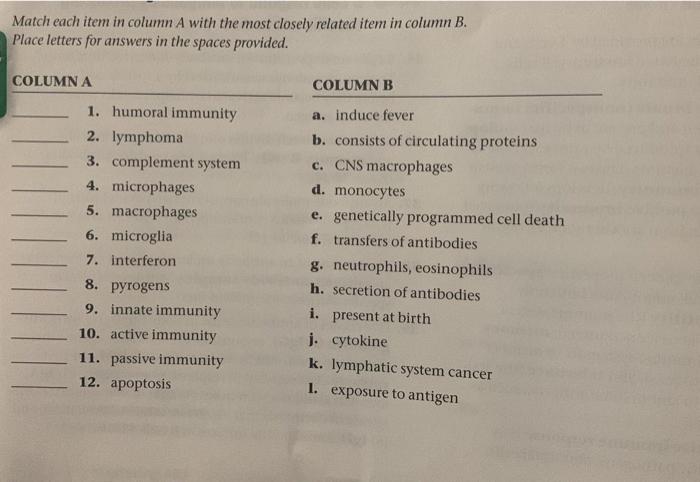 Solved Match each item in column A with the most closely | Chegg.com