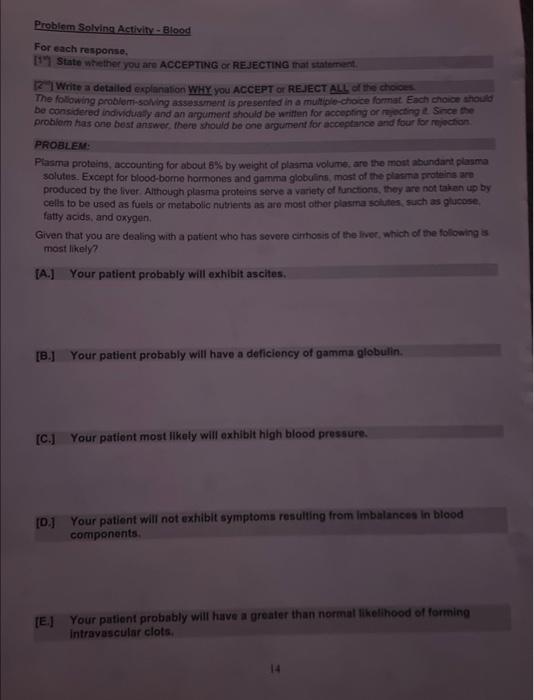 Solved Problem Solving Activity - Blood For each response, | Chegg.com