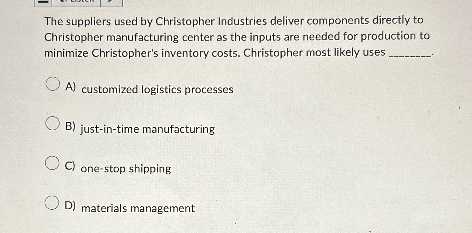 Solved The suppliers used by Christopher Industries deliver | Chegg.com