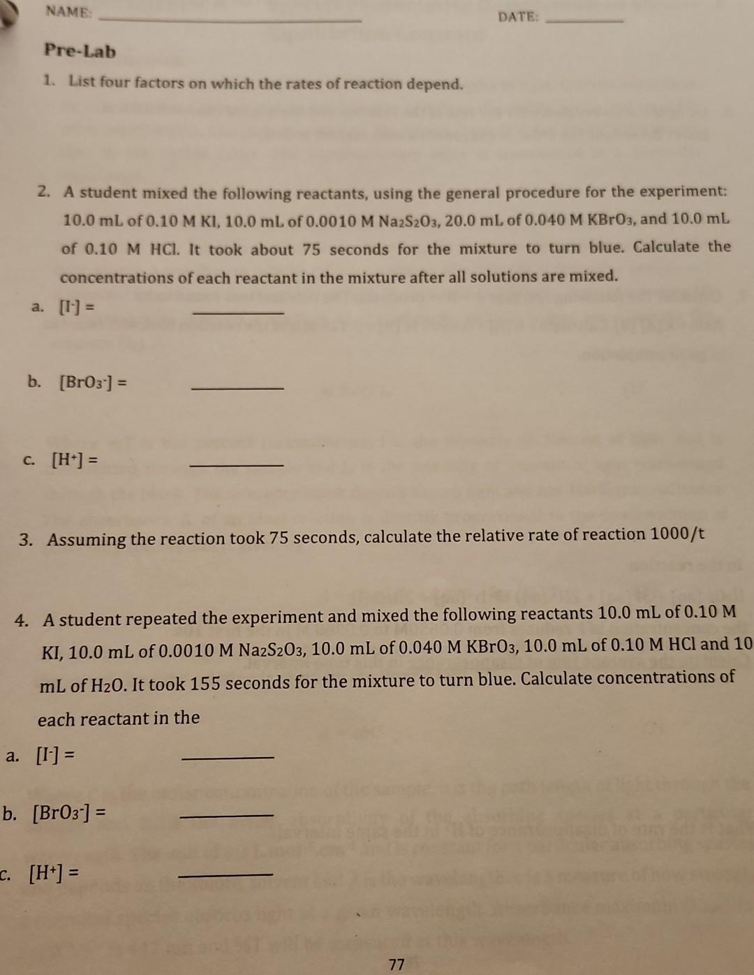 Solved NAME: DATE: Pre-Lab 1. List four factors on which the | Chegg.com