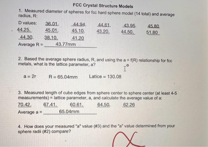 Solved FCC Crystal Structure Models 1. Measured diameter of | Chegg.com