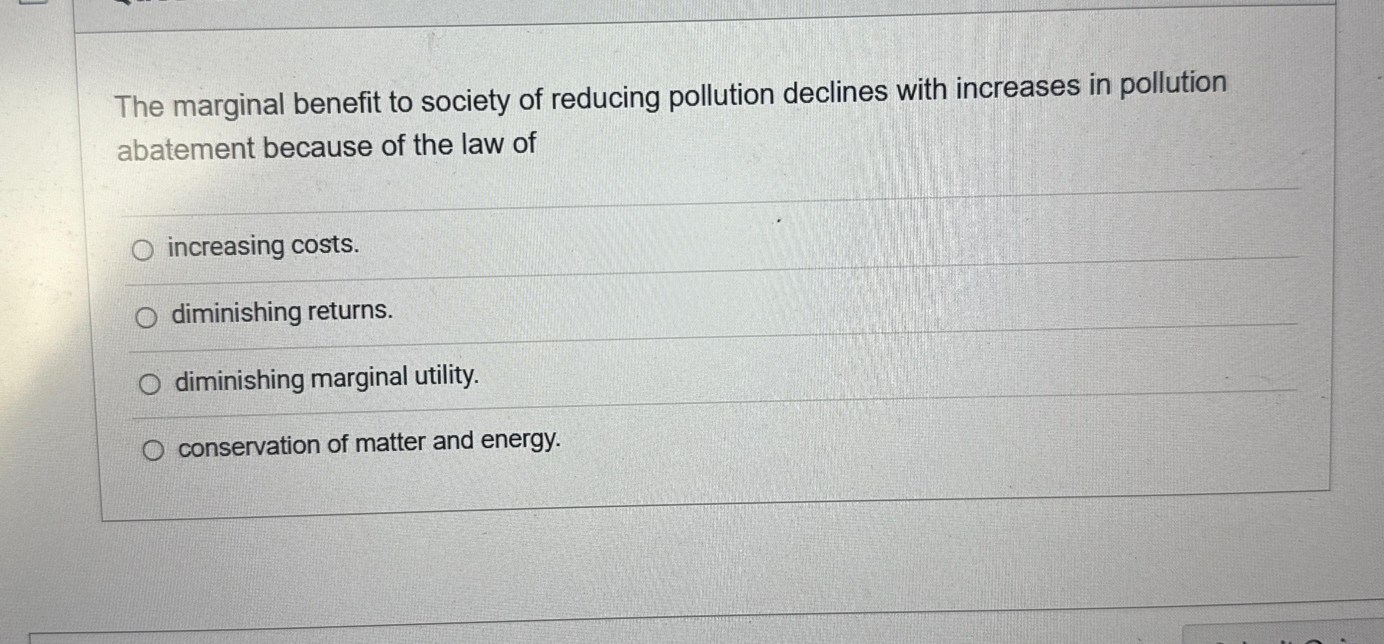 Solved The marginal benefit to society of reducing pollution | Chegg.com