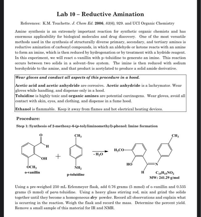 Solved Lab 10 - Reductive Amination References: K.M. | Chegg.com