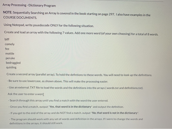 Solved Array Processing - Dictionary Program NOTE: | Chegg.com
