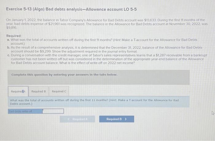 Solved Exercise 5-13 (Algo) Bad debts analysis-Allowance | Chegg.com