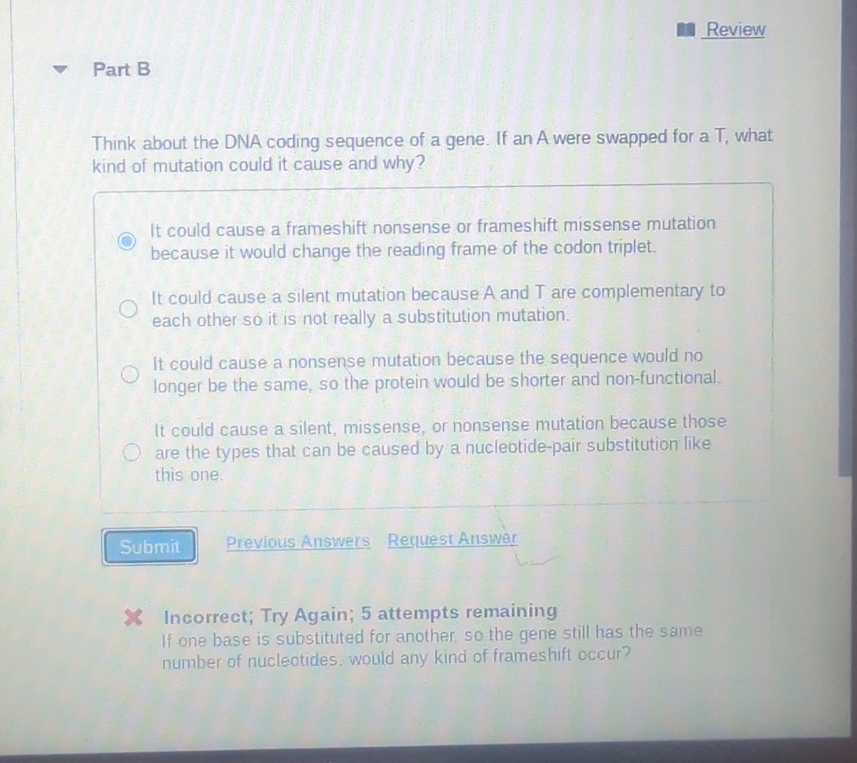 Solved ReviewPart BThink about the DNA coding sequence of a | Chegg.com