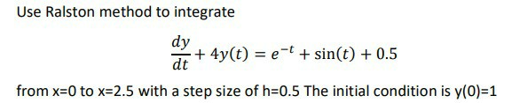 Solved Use Ralston method to integrate dy - + 4y(t) = e-+ + | Chegg.com