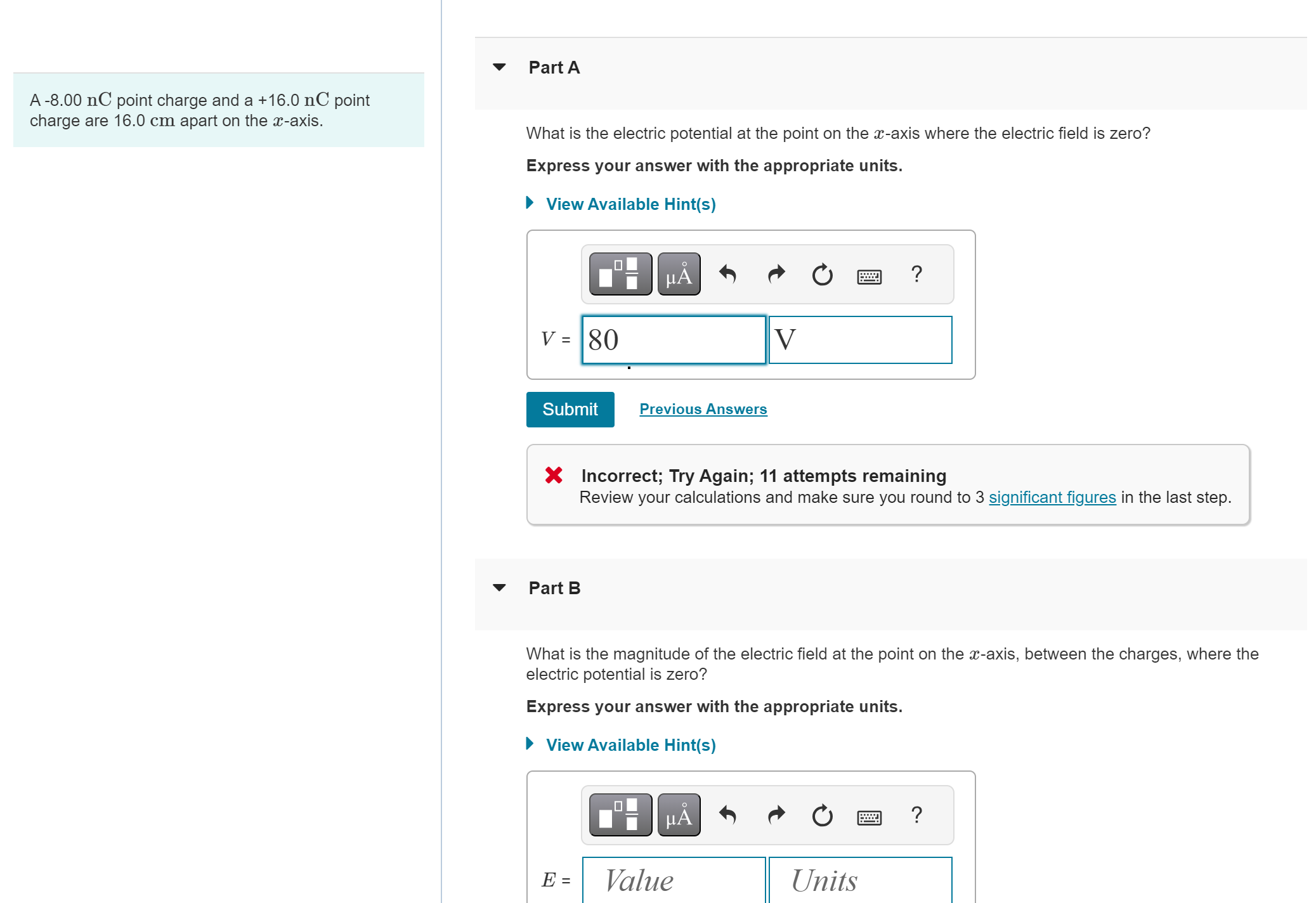 Solved A -8.00 ﻿nC ﻿point charge and a +16.0 ﻿nC ﻿point | Chegg.com