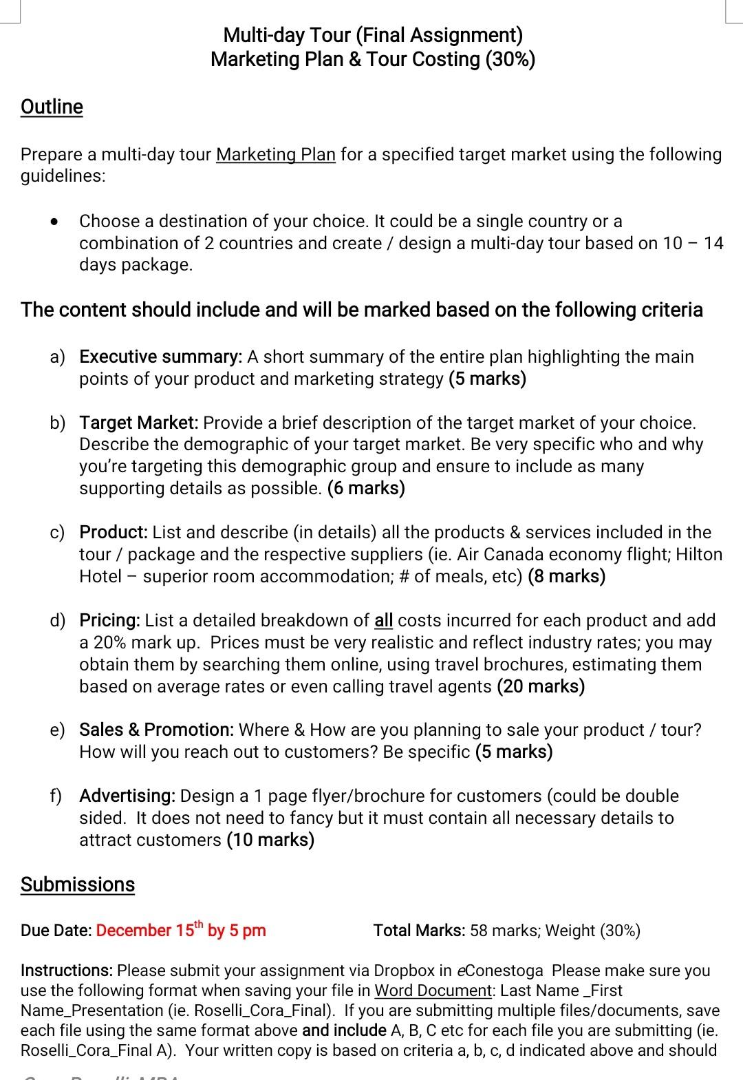 Multi-day Tour (Final Assignment) Marketing Plan & | Chegg.com