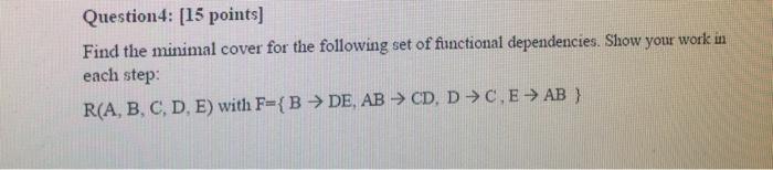 Solved Question4: [15 points] Find the minimal cover for the | Chegg.com