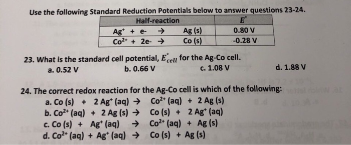 Solved Use the following Standard Reduction Potentials below | Chegg.com