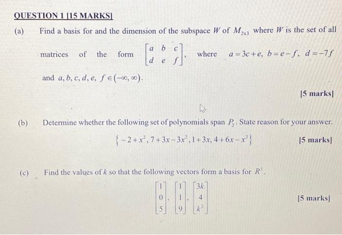 Solved QUESTION 1 [15 MARKSI Find a basis for and the | Chegg.com
