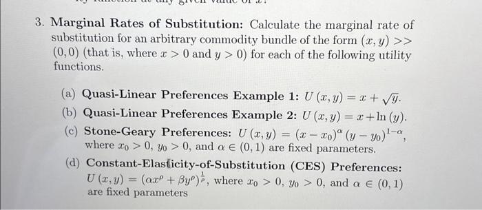 Solved 3. Marginal Rates of Substitution: Calculate the | Chegg.com