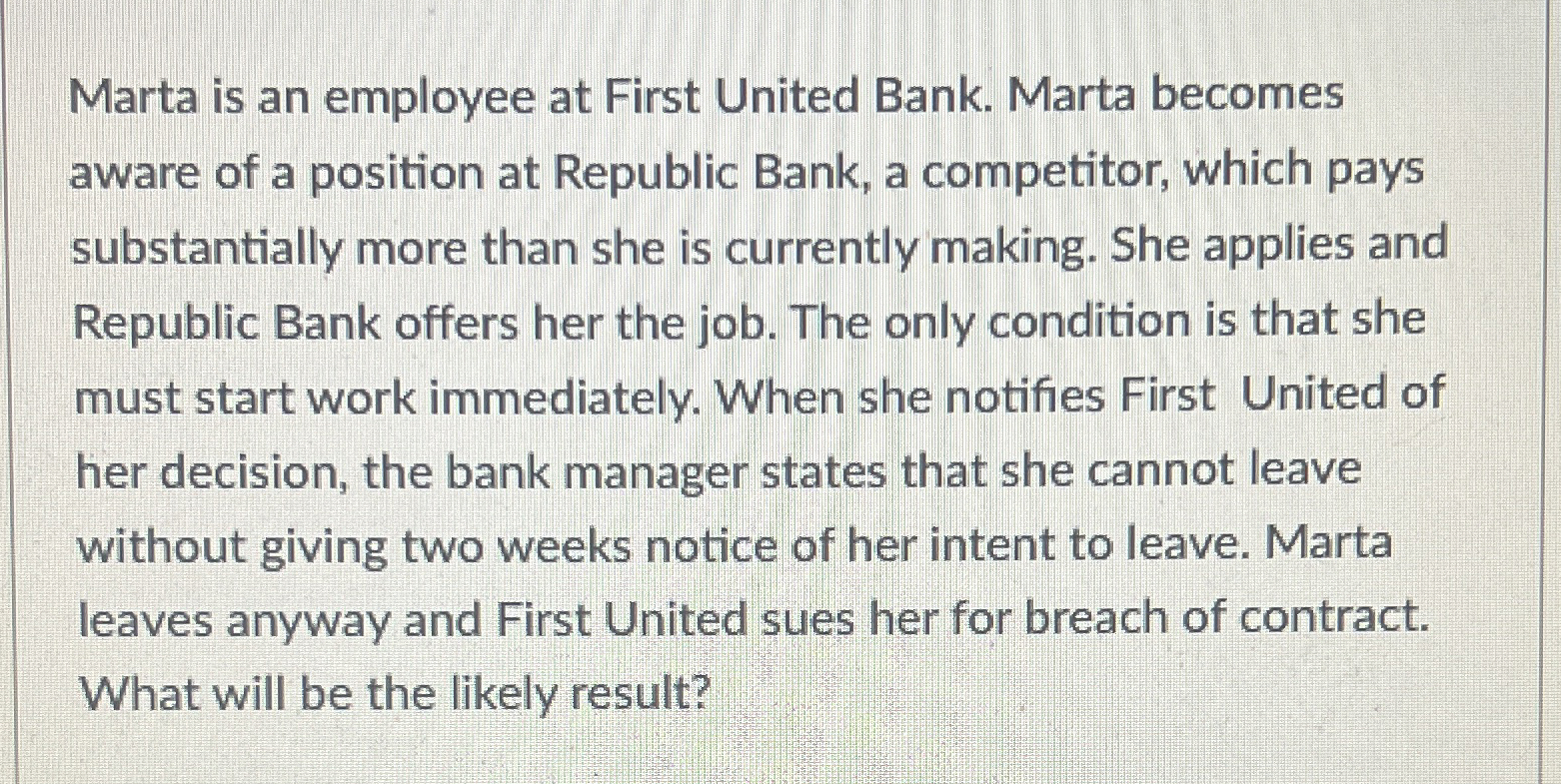 Solved Marta is an employee at First United Bank. Marta | Chegg.com