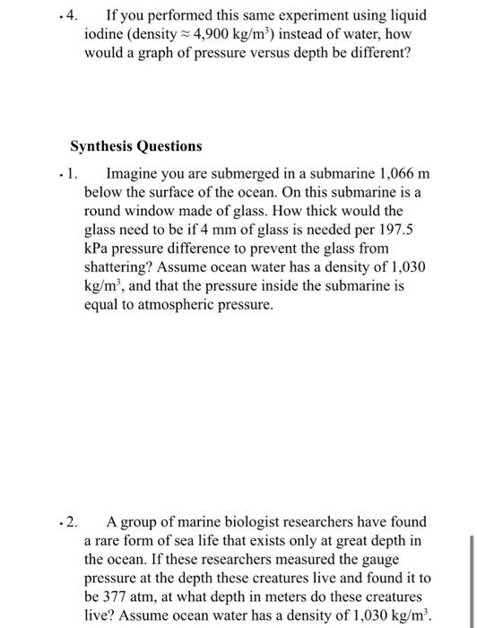 Solved Lab 10 - Hydrostatic Pressure Data Analysis Table 1: | Chegg.com